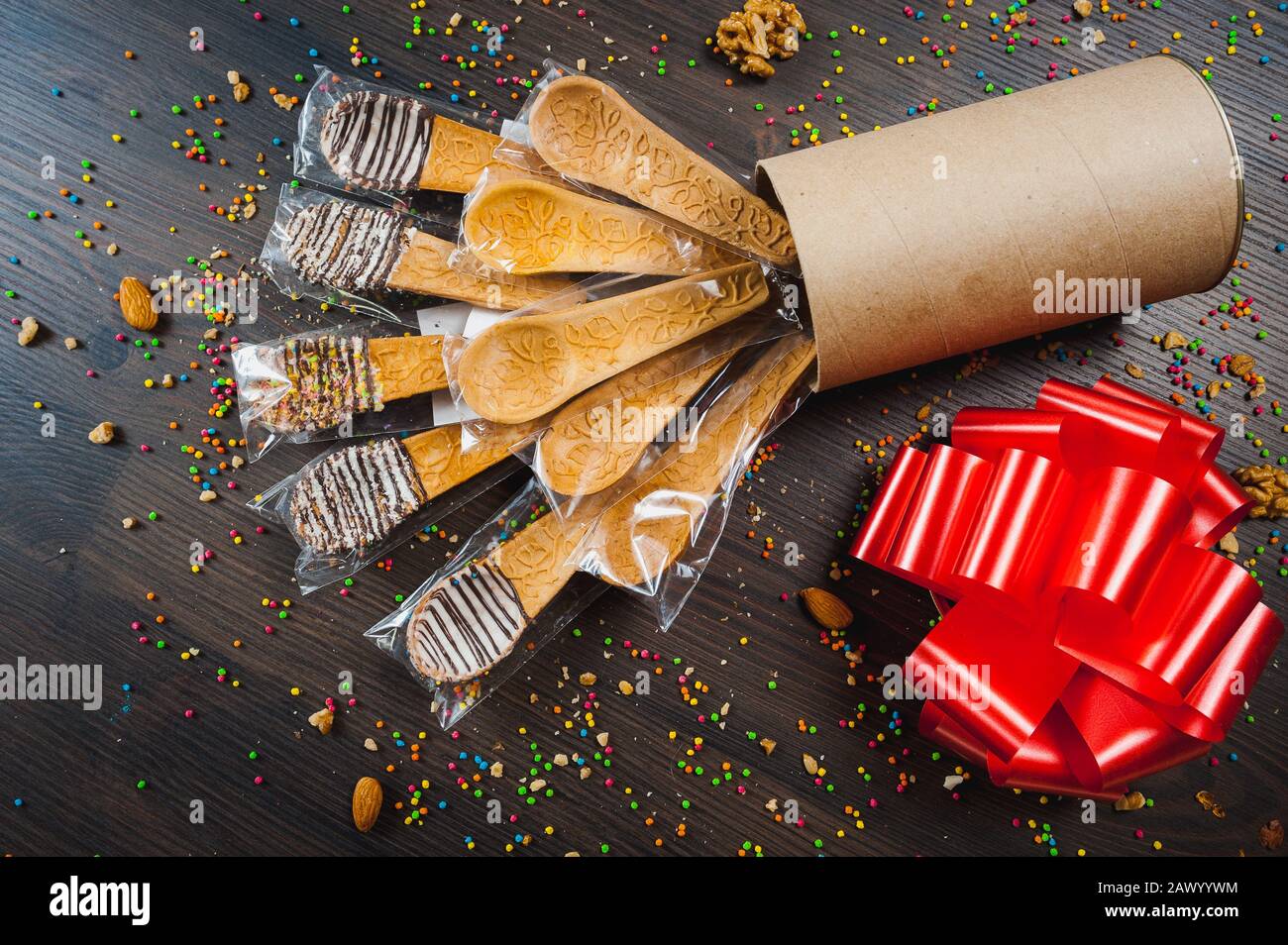 edible cutlery spoon. waffle cookies dessert close-up Stock Photo - Alamy