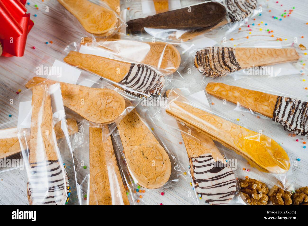 edible cutlery spoon. waffle cookies dessert close-up Stock Photo - Alamy