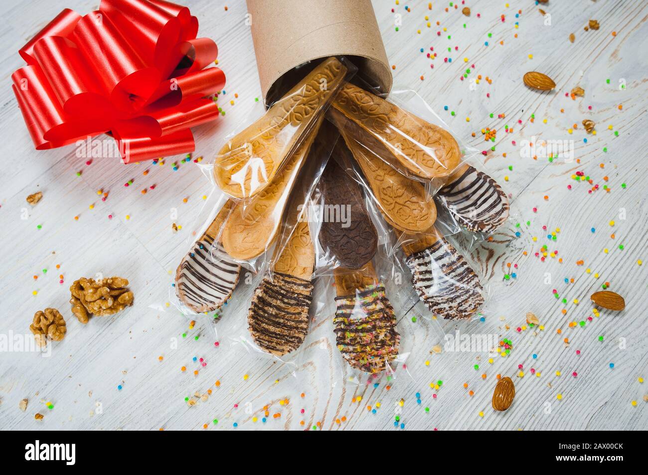 edible cutlery spoon. waffle cookies dessert close-up Stock Photo - Alamy