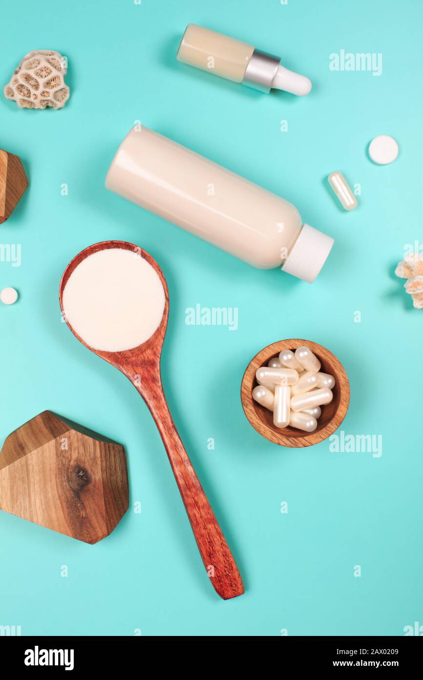 Different types of collagen. Powder, capsules, tablets and fluid Stock ...