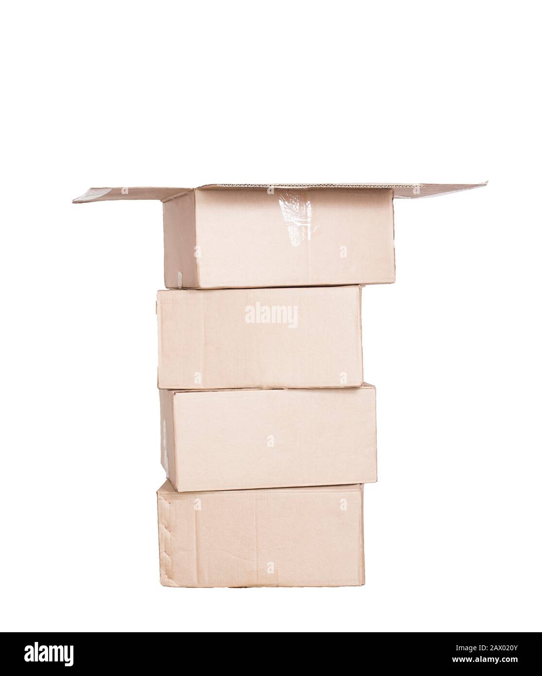 A stack of cardboard boxes on a white background. Open cardboard mail ...