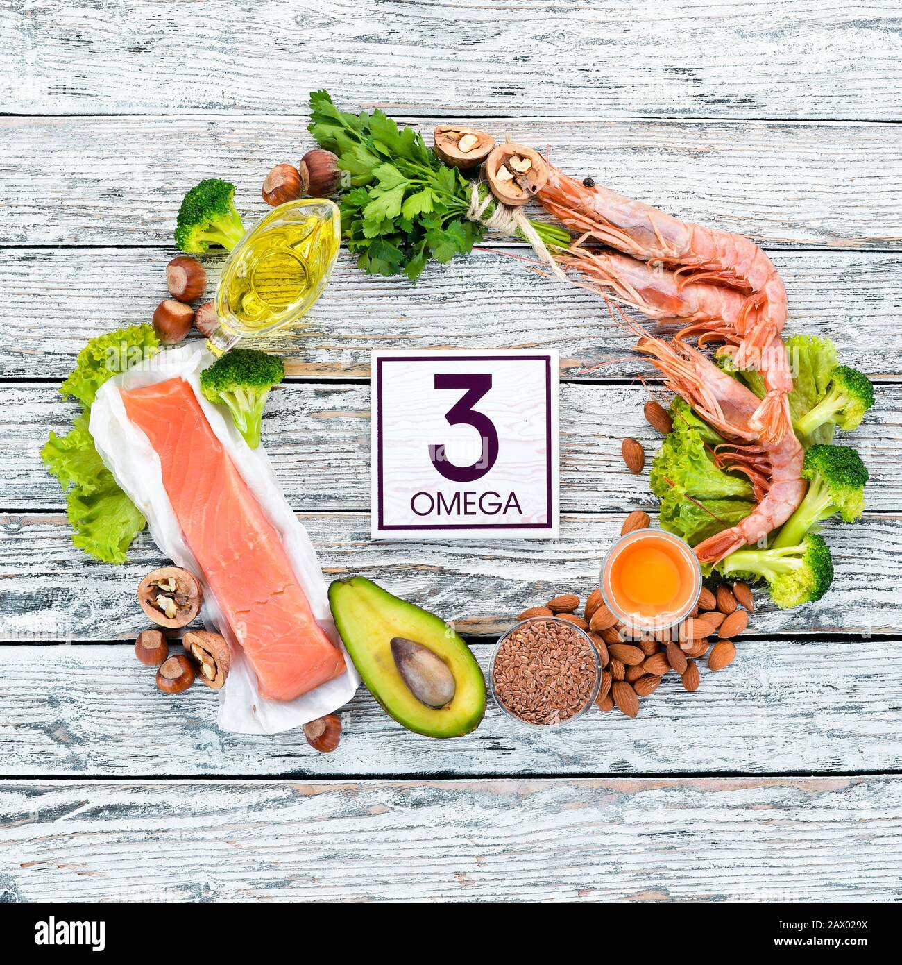 Foods containing omega 3. Vitamin Healthy foods: avocados, fish, shrimp ...