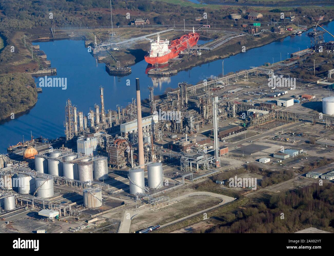 Aerial view of Oil terminal, Ellesmere Port, with ship unloading ...