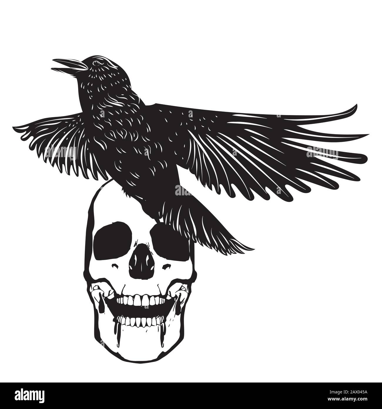 Black and white human skull with crow grunge illustration Stock Vector ...