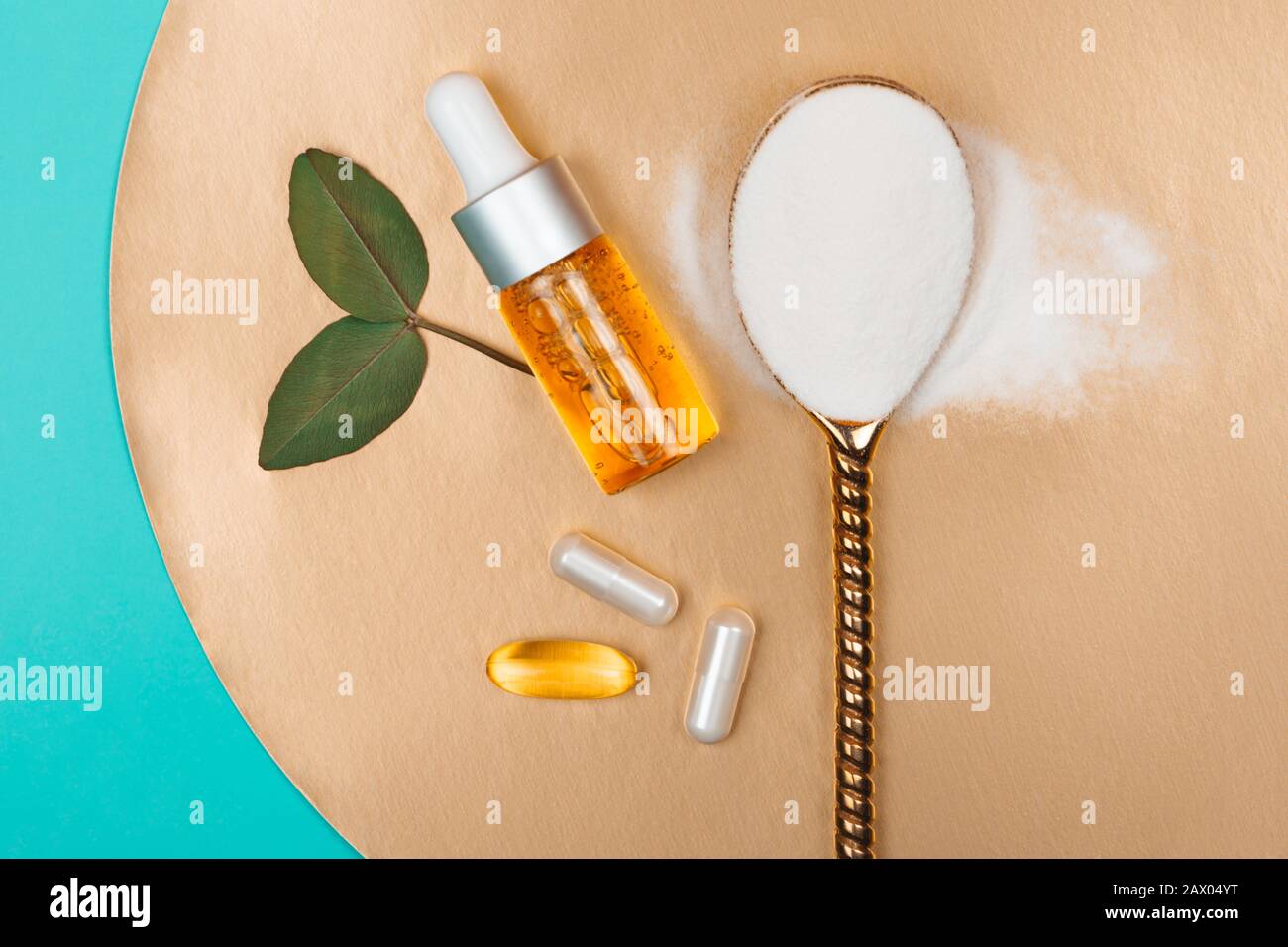 Different types of collagen. Powder, capsules, tablets and fluid Stock ...