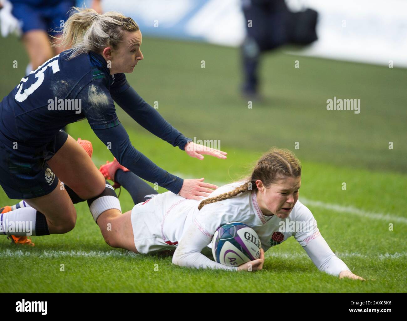 Scotland’s Chloe Rollie fails to stop England’s Jess Breach from ...