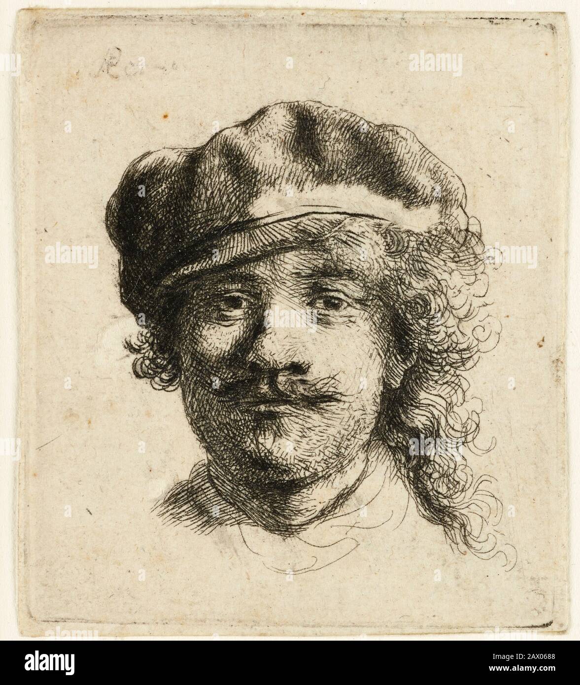 Self-portrait wearing a soft cap: full face, head only, c.1634 Stock ...