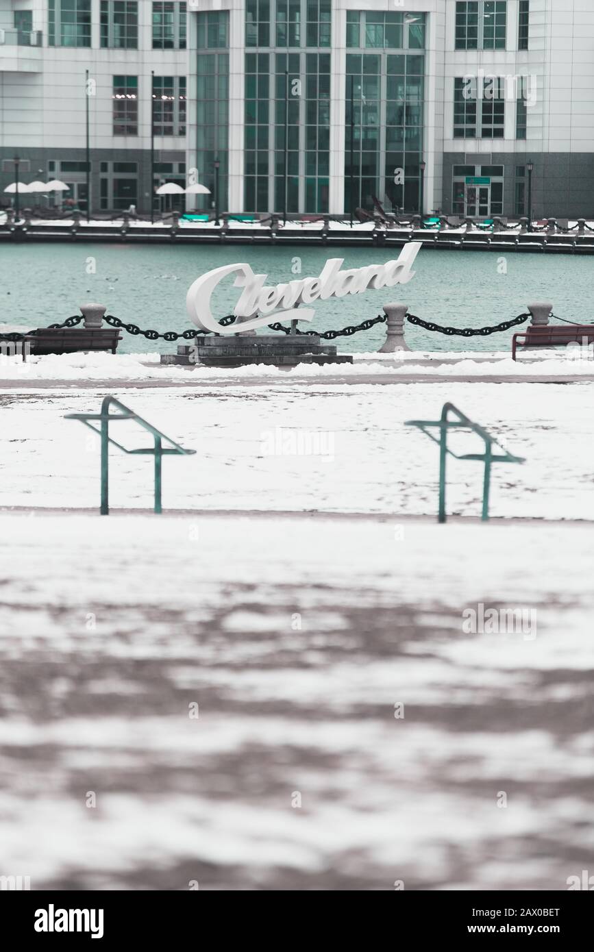Cleveland Script Sign in Voinovich Park in Cleveland Ohio Stock Photo ...