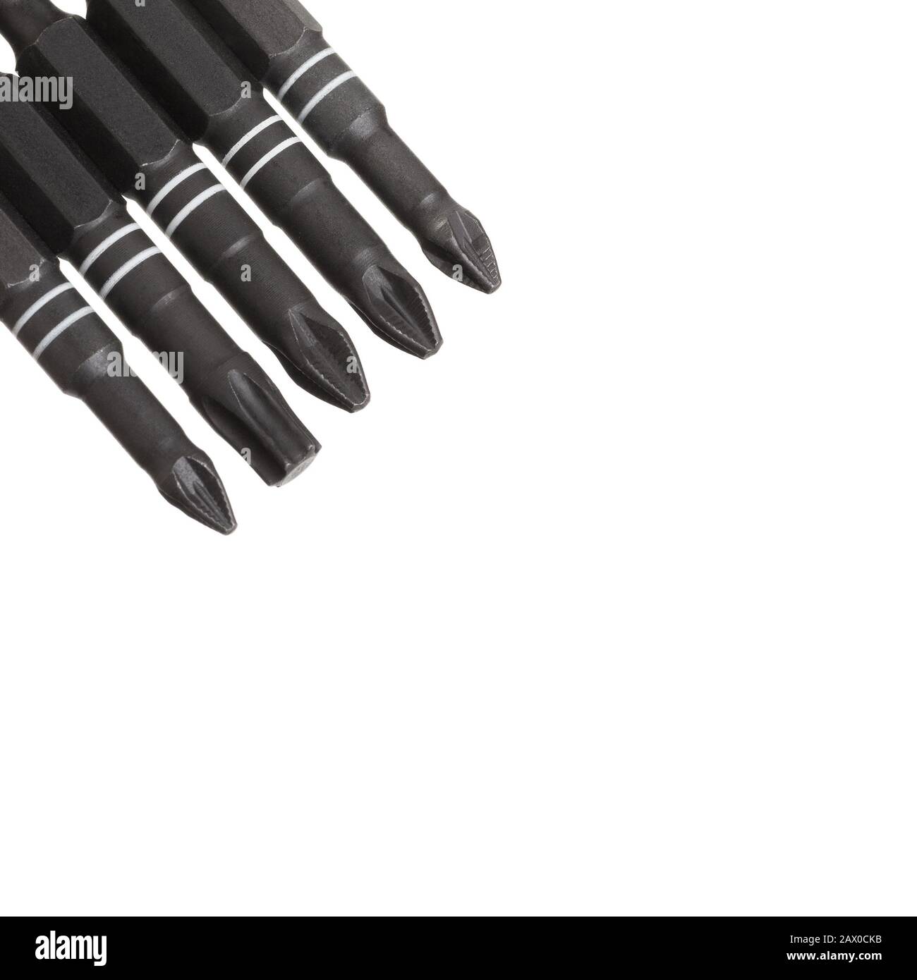 Set of various types of bits for screwdrivers and drills isolated on ...