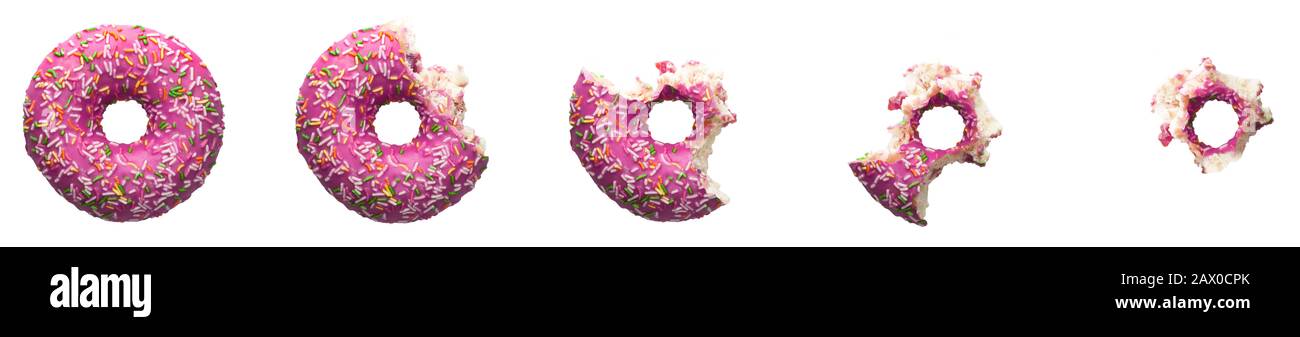 The process of eating a donut with colorful sprinkles isolated on white ...