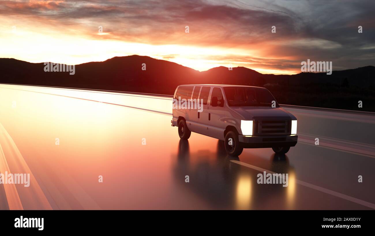 Delivery van on the road, highway. Transports, logistics concept. 3d ...