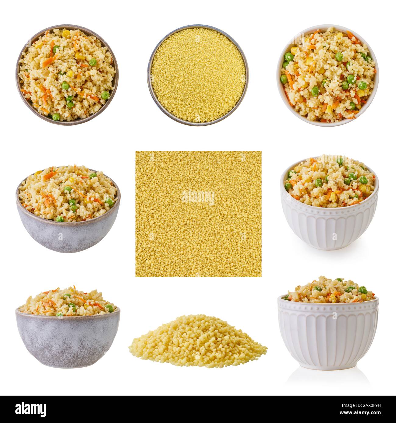 set raw and boiled couscous with clipping patch, white isolated ...