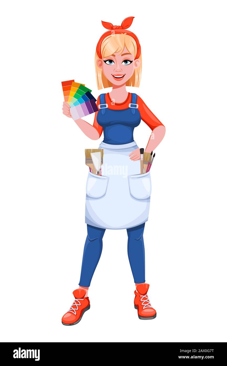 Painter woman shows color palette samples. Beautiful lady painter ...
