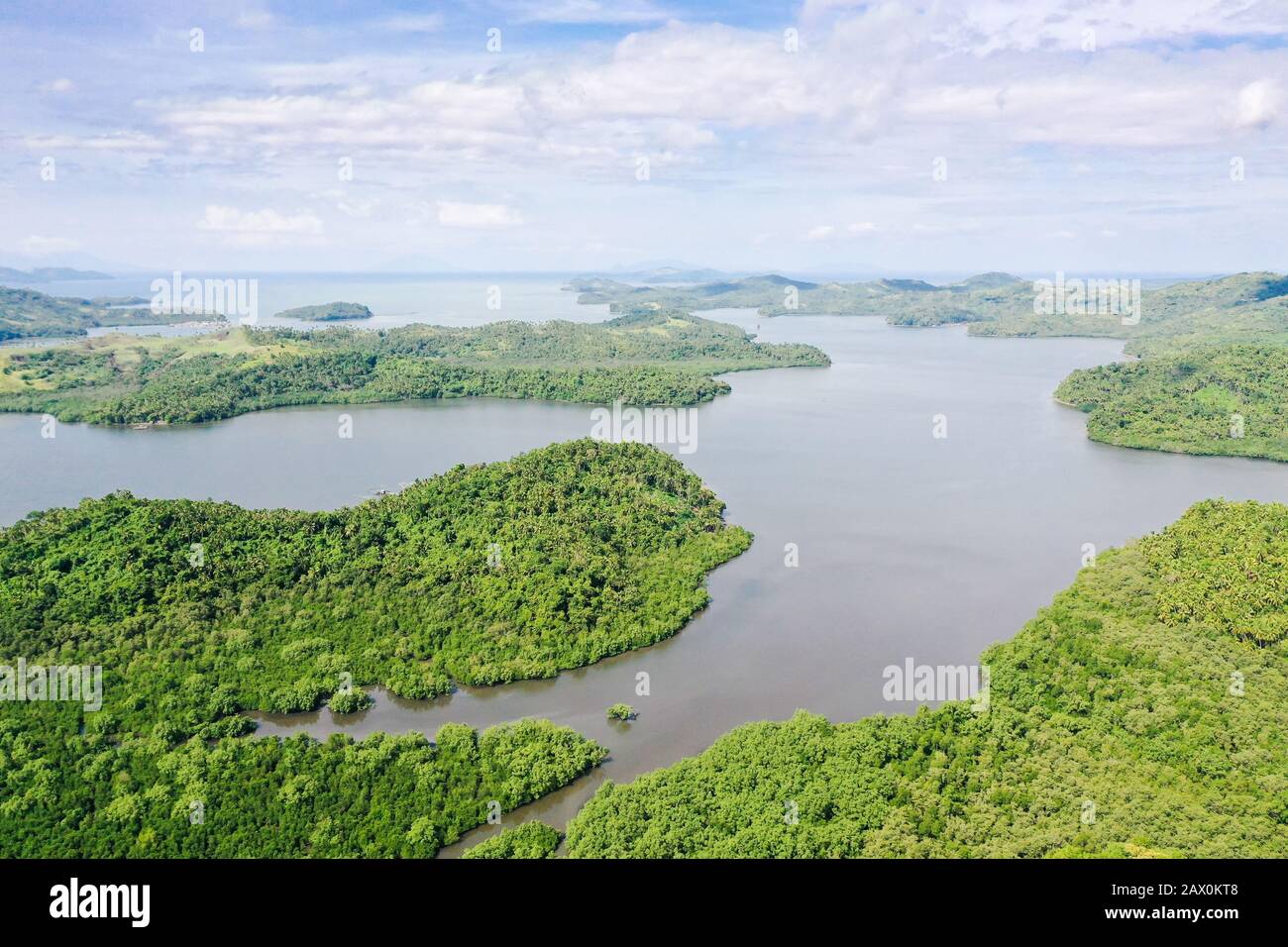 Hills with rainforest and sea lakes, top view. The nature of the ...