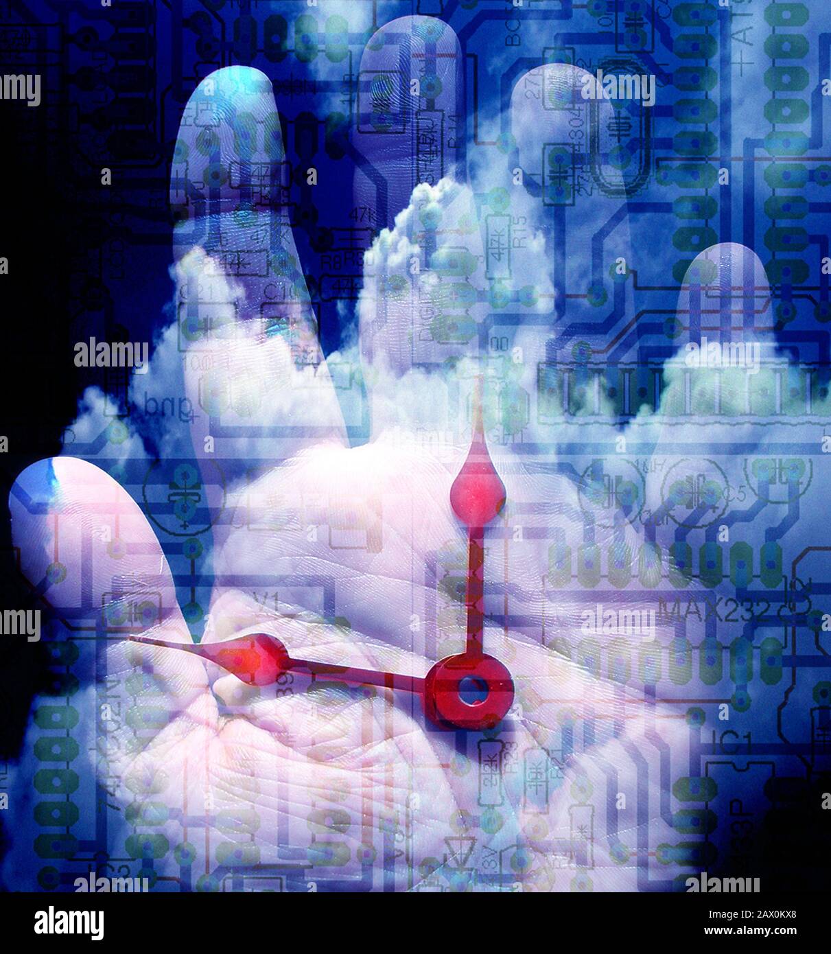 Human's palm with clock hands electronic circuit on a background Stock ...