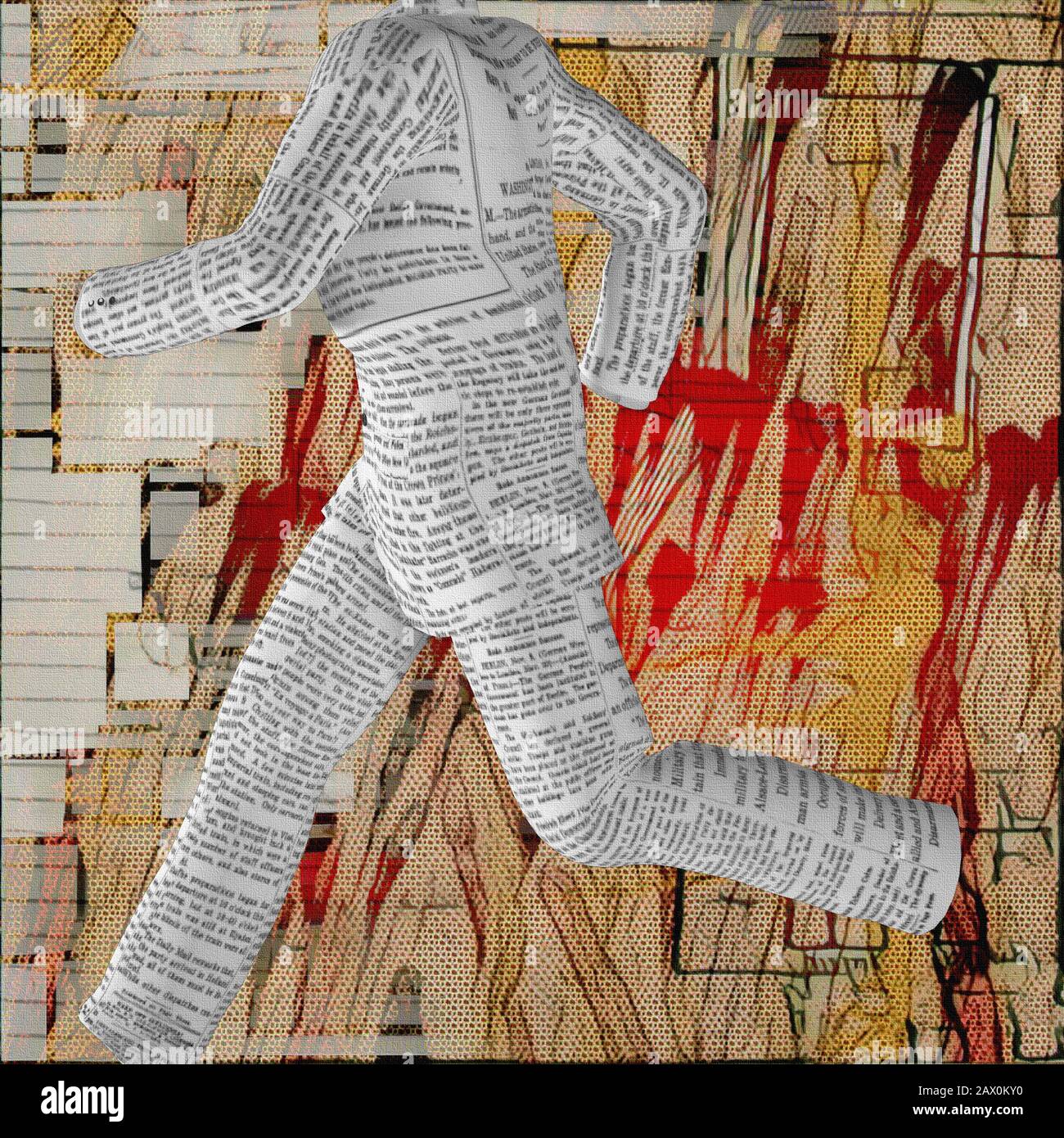 Abstraction. Figure of paper man. Stains and brush strokes at the ...