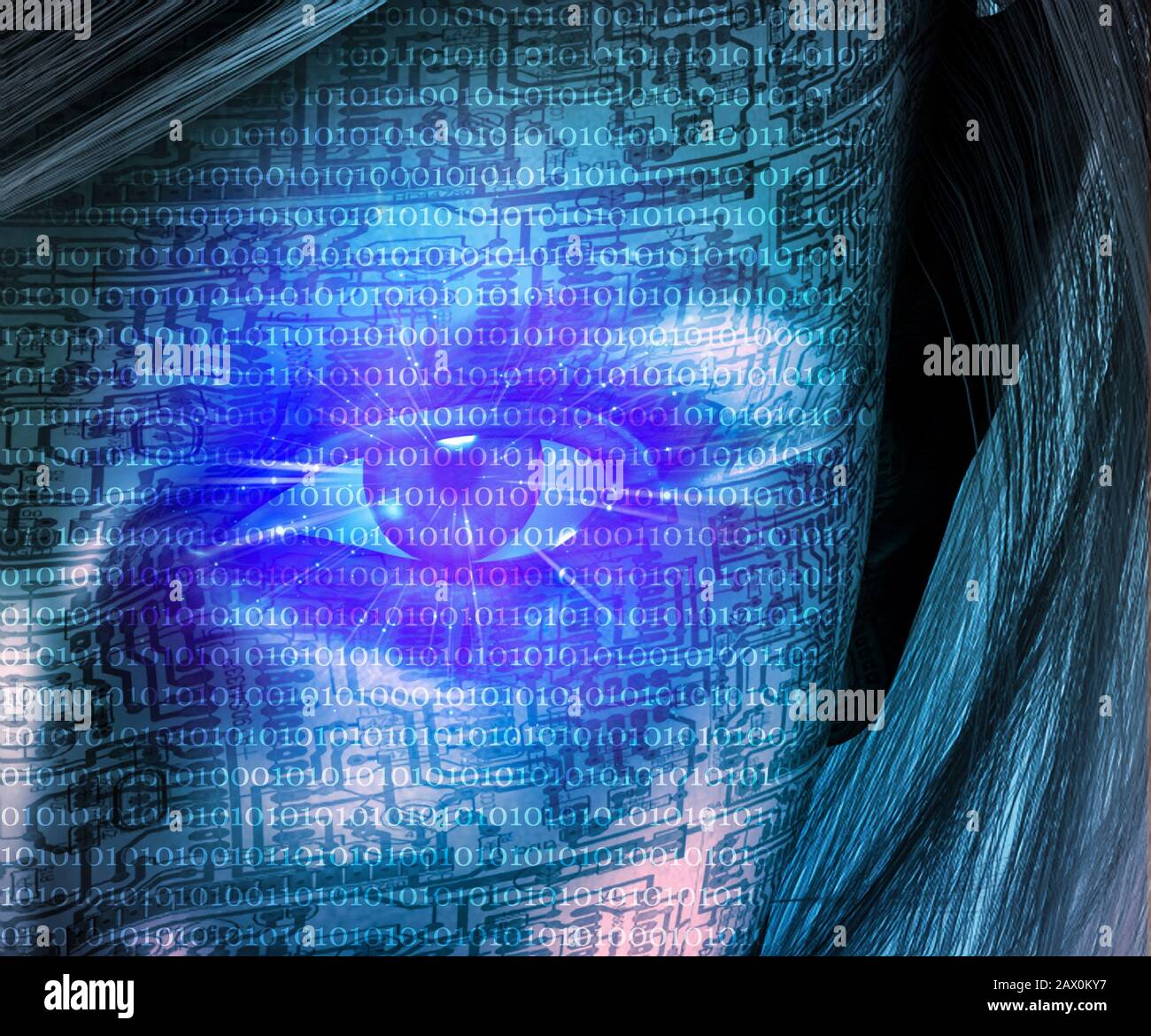 Cyborg woman face. Binary code and circuit board pattern Stock Photo ...