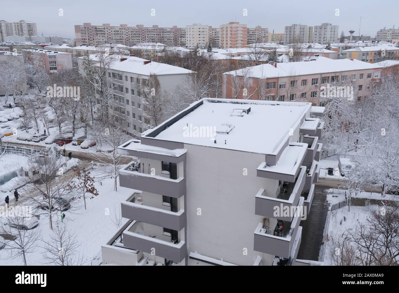 Bucharest, Romania - February 6, 2020: Winter scene in a residential ...