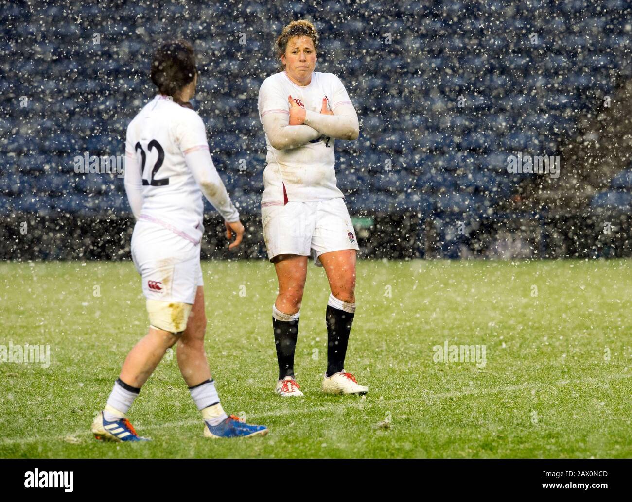 England's Katy Daley-Mclean and Amber Reed as snow falls during the ...