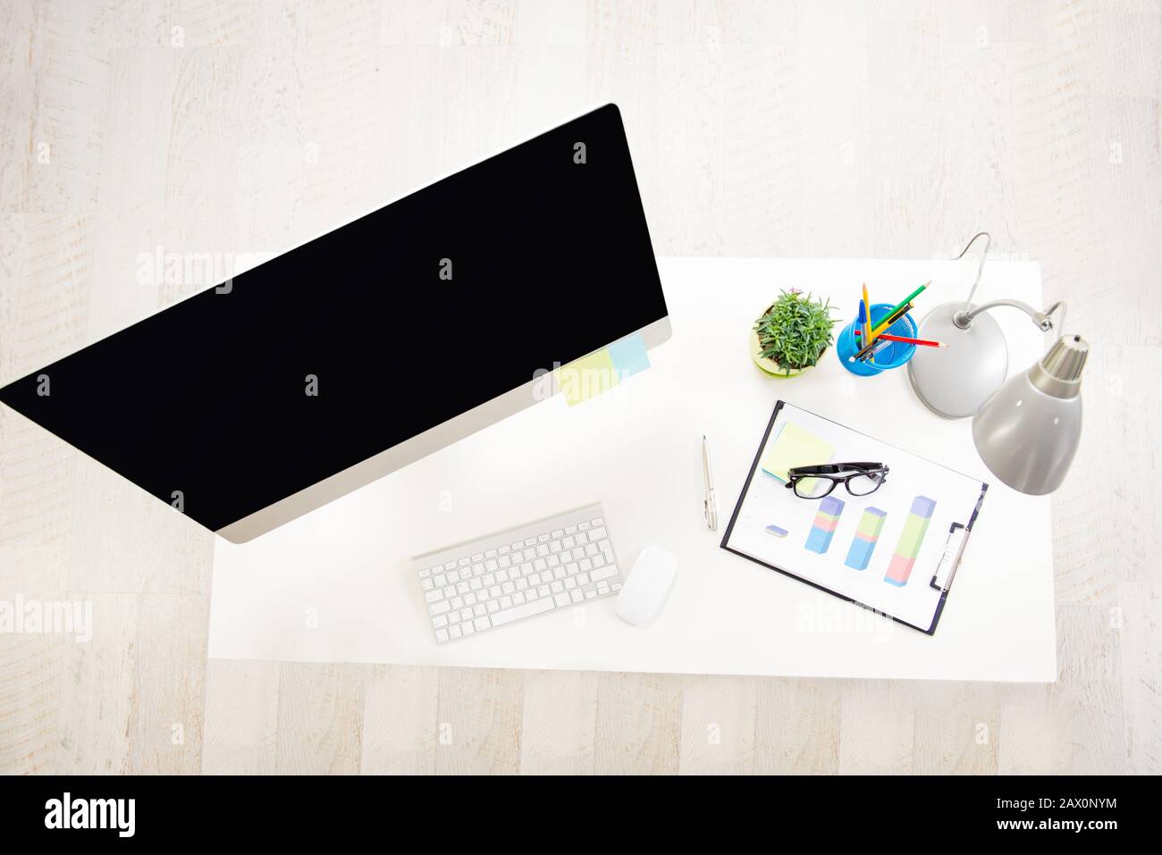 Top view photo of work place in office with pc Stock Photo - Alamy
