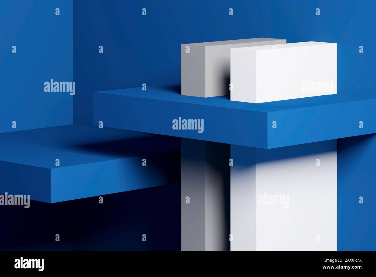 Abstract minimal geometric background with white and classic blue boxes ...