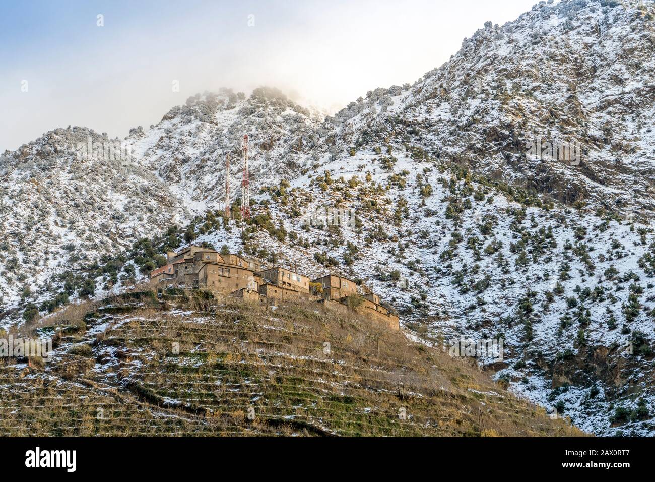 Beautiful village in Ourika valley with terraced fields in High Atlas ...