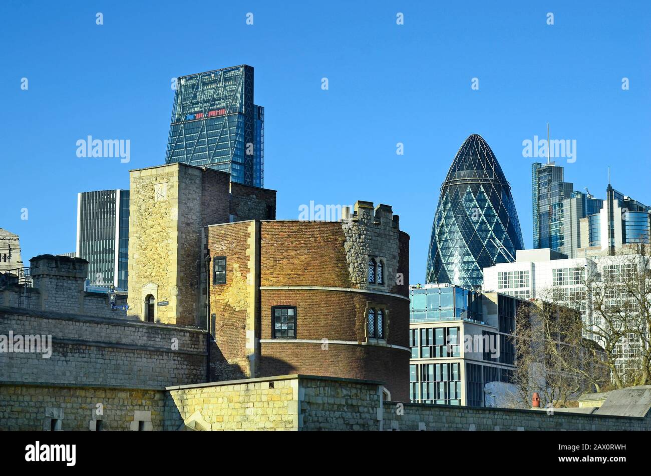 Great Britain, London, different buildings on Tower Hill district with ...