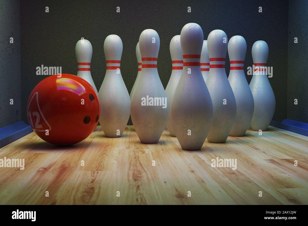 Bowling skittles and bowling ball on the alley. 3D render Stock Photo ...