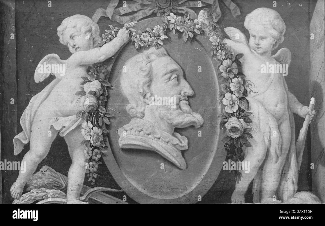 Bust of Henri IV in oval medallion with blue ground supported by two ...