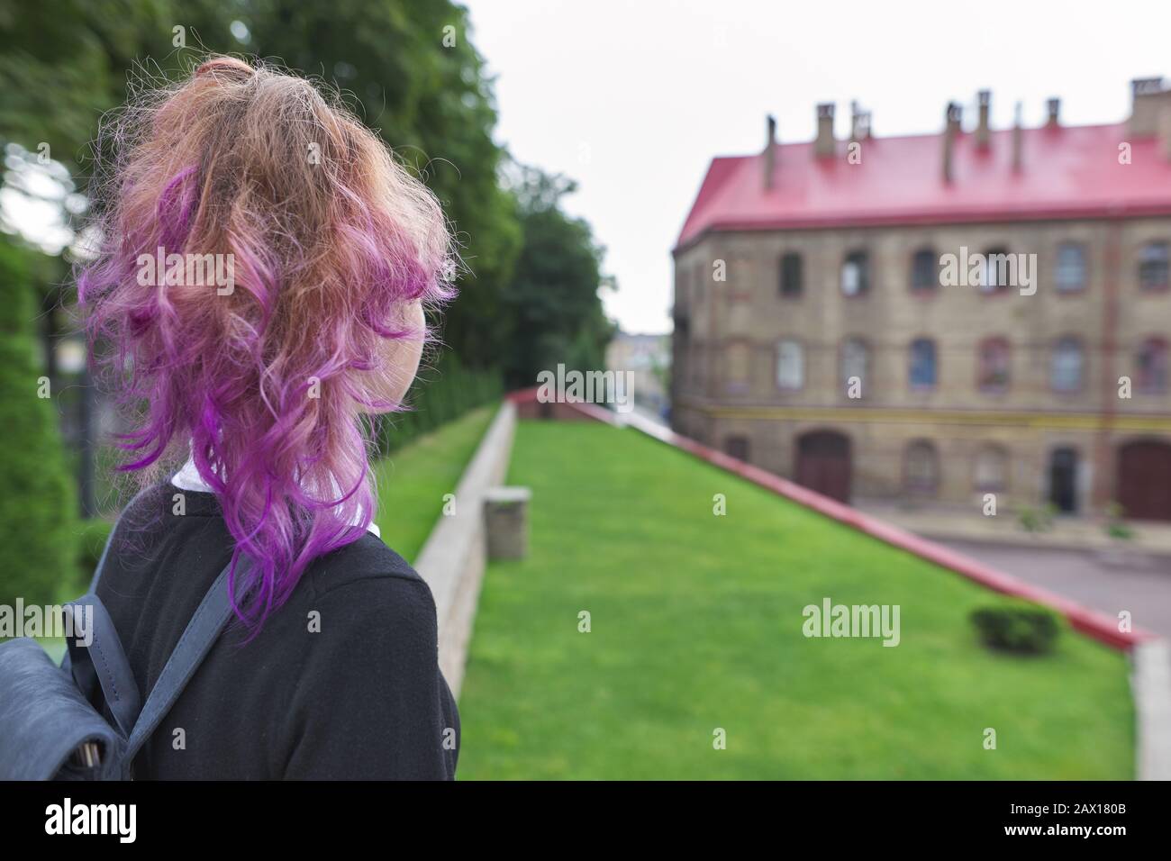 Outdoor teenager girl student with backpack in school uniform Stock ...