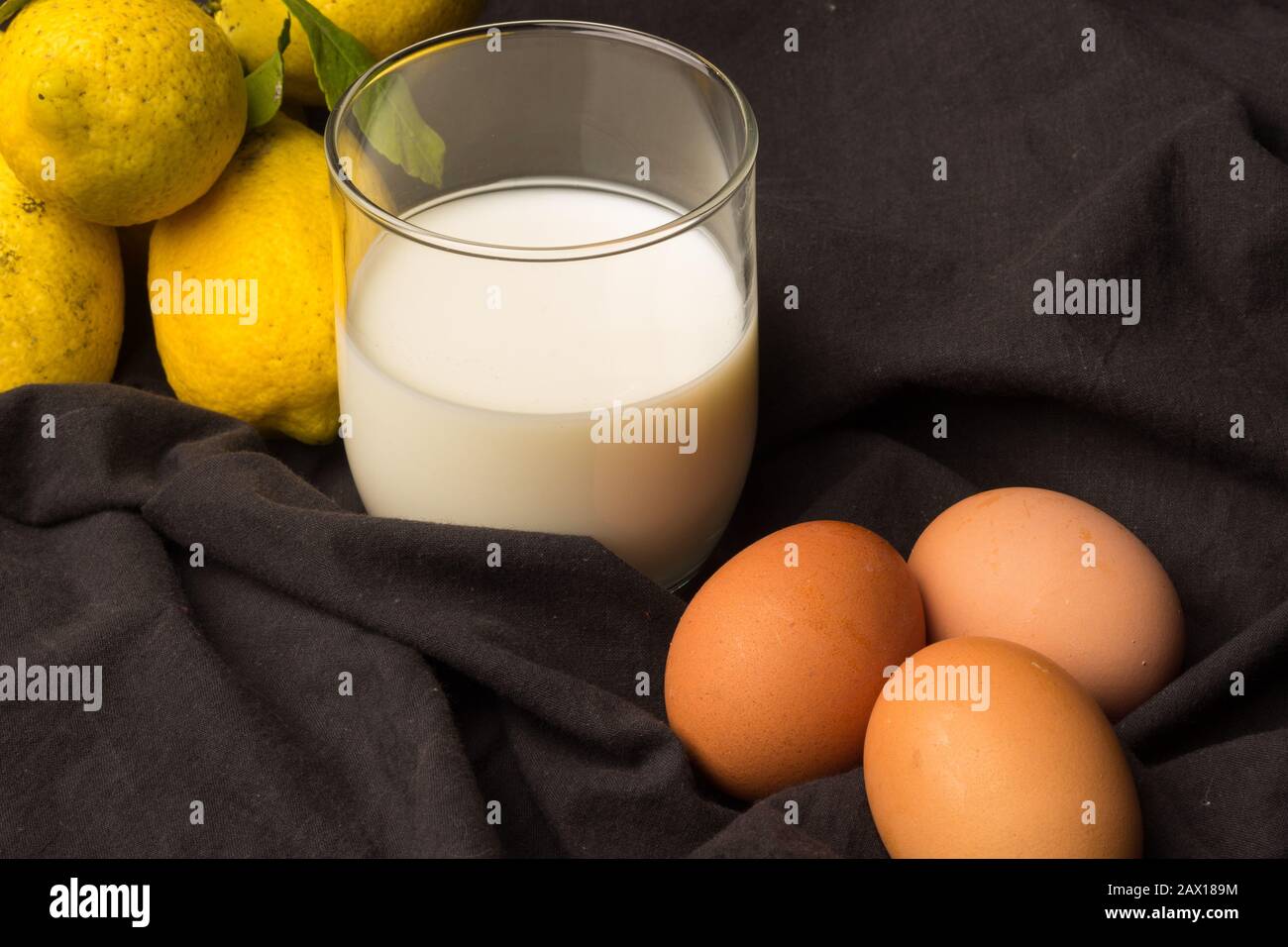 Freshly milked white milk from the cow and yellow lemons with an acid ...