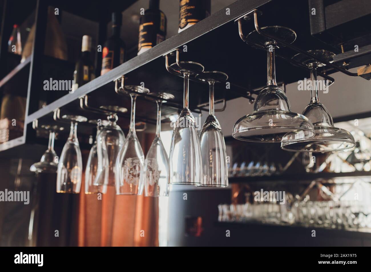 Closeup many upside down empty clear transparent crystal upturned wine ...
