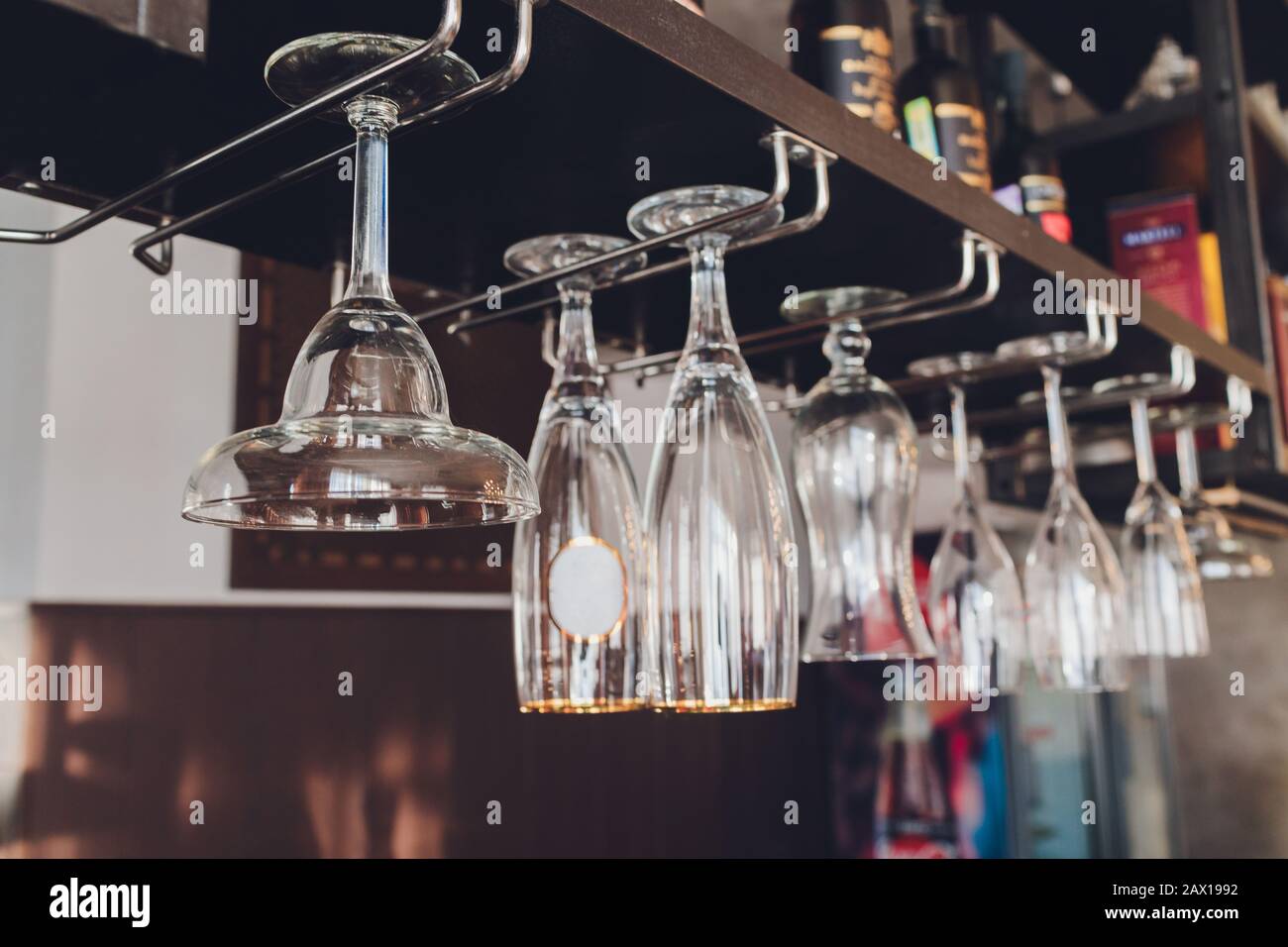 Closeup many upside down empty clear transparent crystal upturned wine ...
