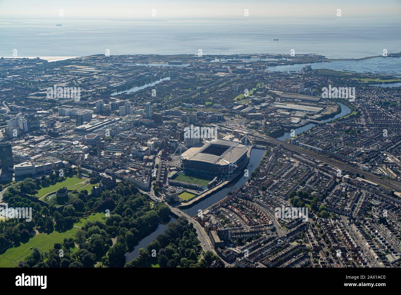An aerial view of Wales’ Principality Stadium and Cardiff City Centre ...