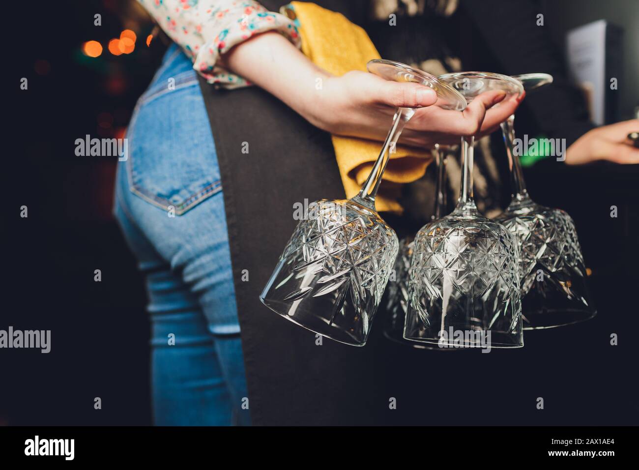 Closeup many upside down empty clear transparent crystal upturned wine ...