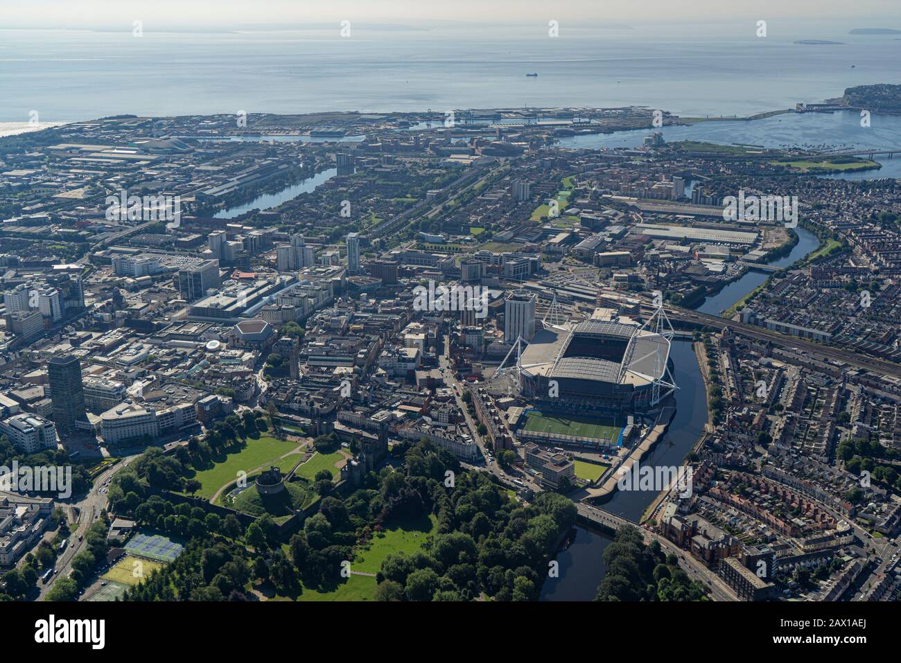 An aerial view of Wales’ Principality Stadium and Cardiff City Centre ...