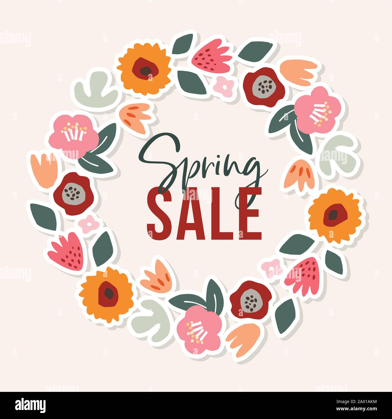 Colorful poster with hand drawn floral wreath. Spring Sale business ...