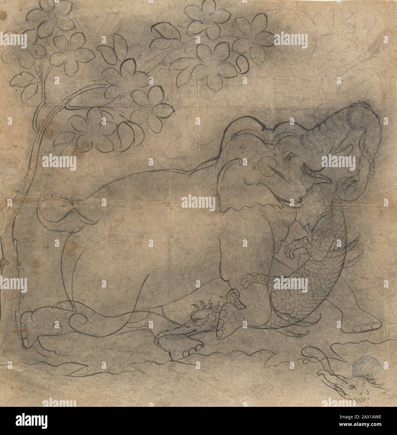 The Elephant King Wrestles a Crocodile: Illustration from a ...