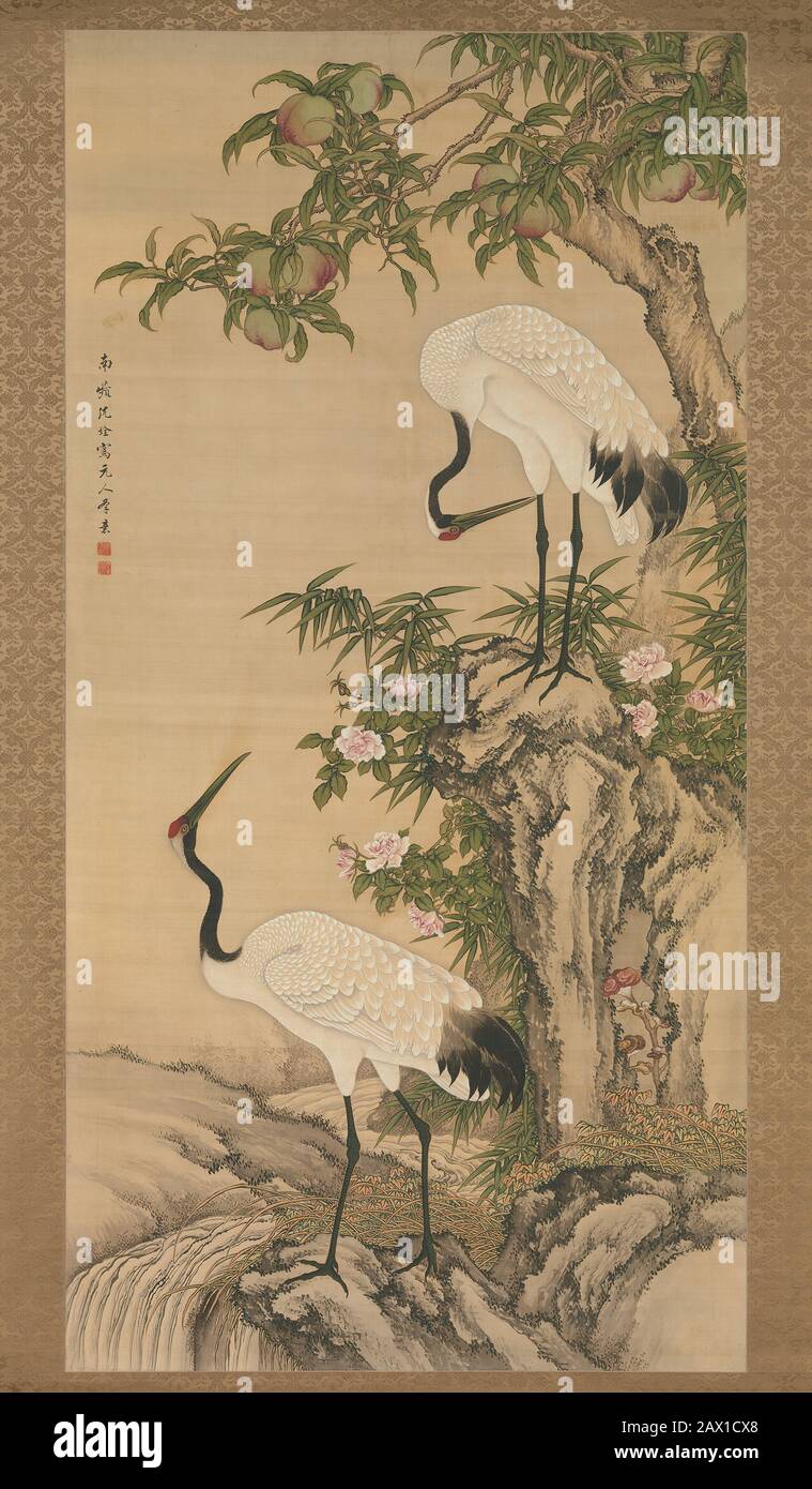 Cranes, Peach Tree, and Chinese Roses, early 18th century Stock Photo ...