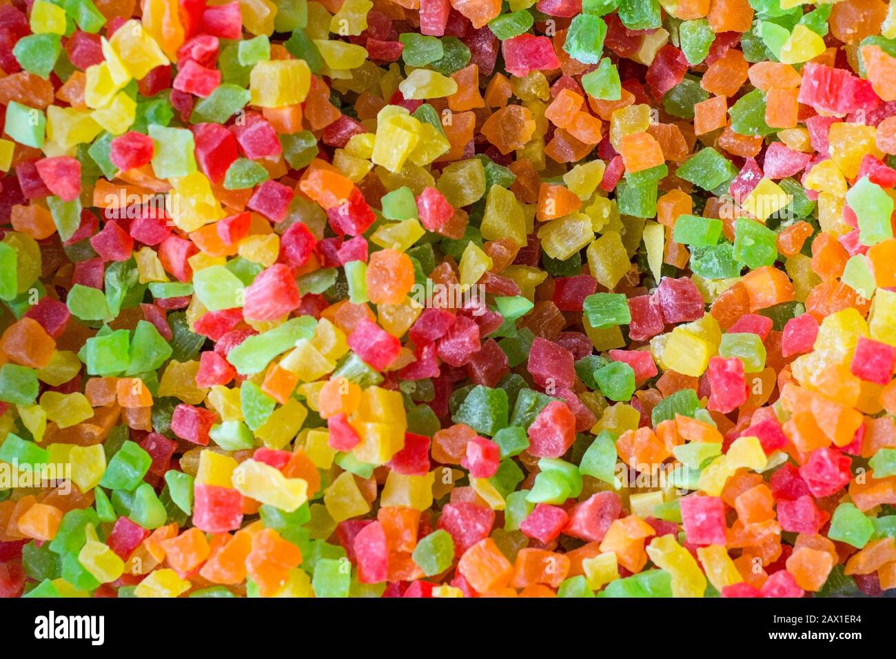 candied fruit rows full frame closeup top view, texture of multi ...