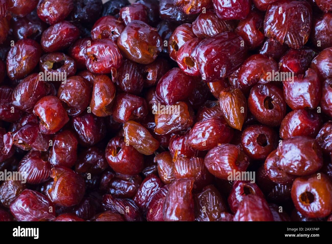 Cherry dried sweetened top view texture of the cherry. Red berry dried ...