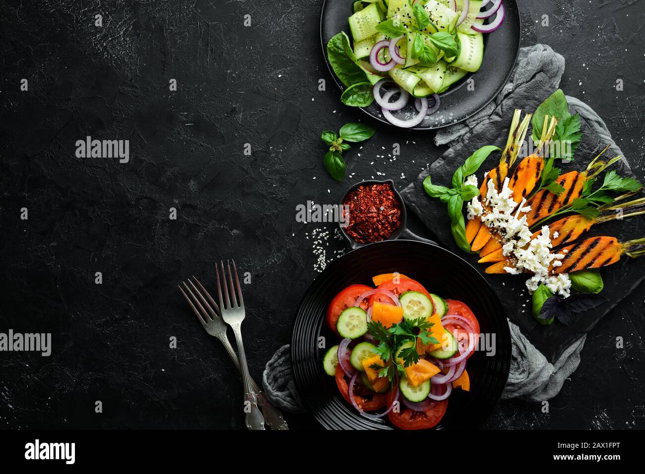 Assortment of dishes of European cuisine. Background food. Top view ...