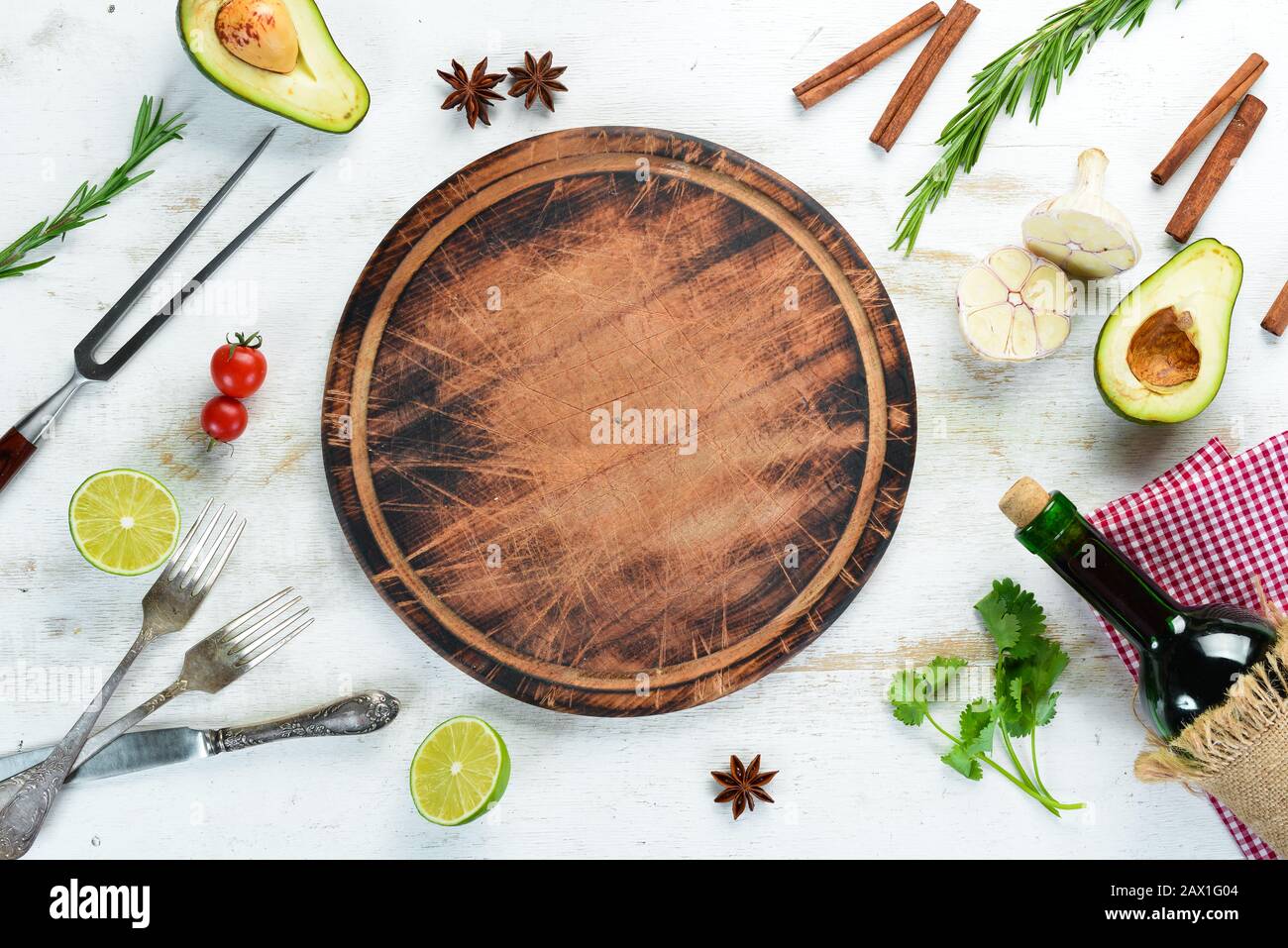 The background of cooking. On a white wooden background. Top view. Free ...