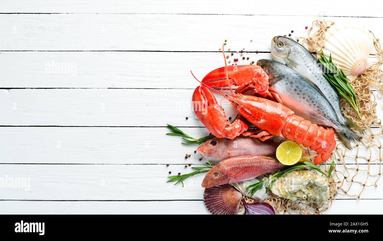 Seafood on a white background. Lobster, fish, shellfish. Top view. Free ...