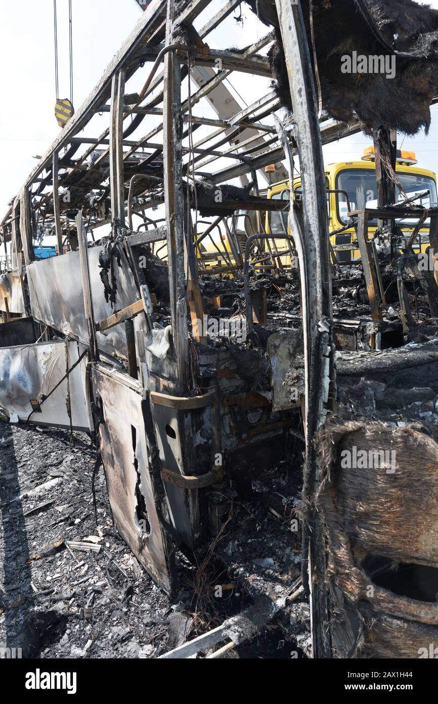 Burned Coach Bus Vehicle at Highway Accident Stock Photo - Alamy