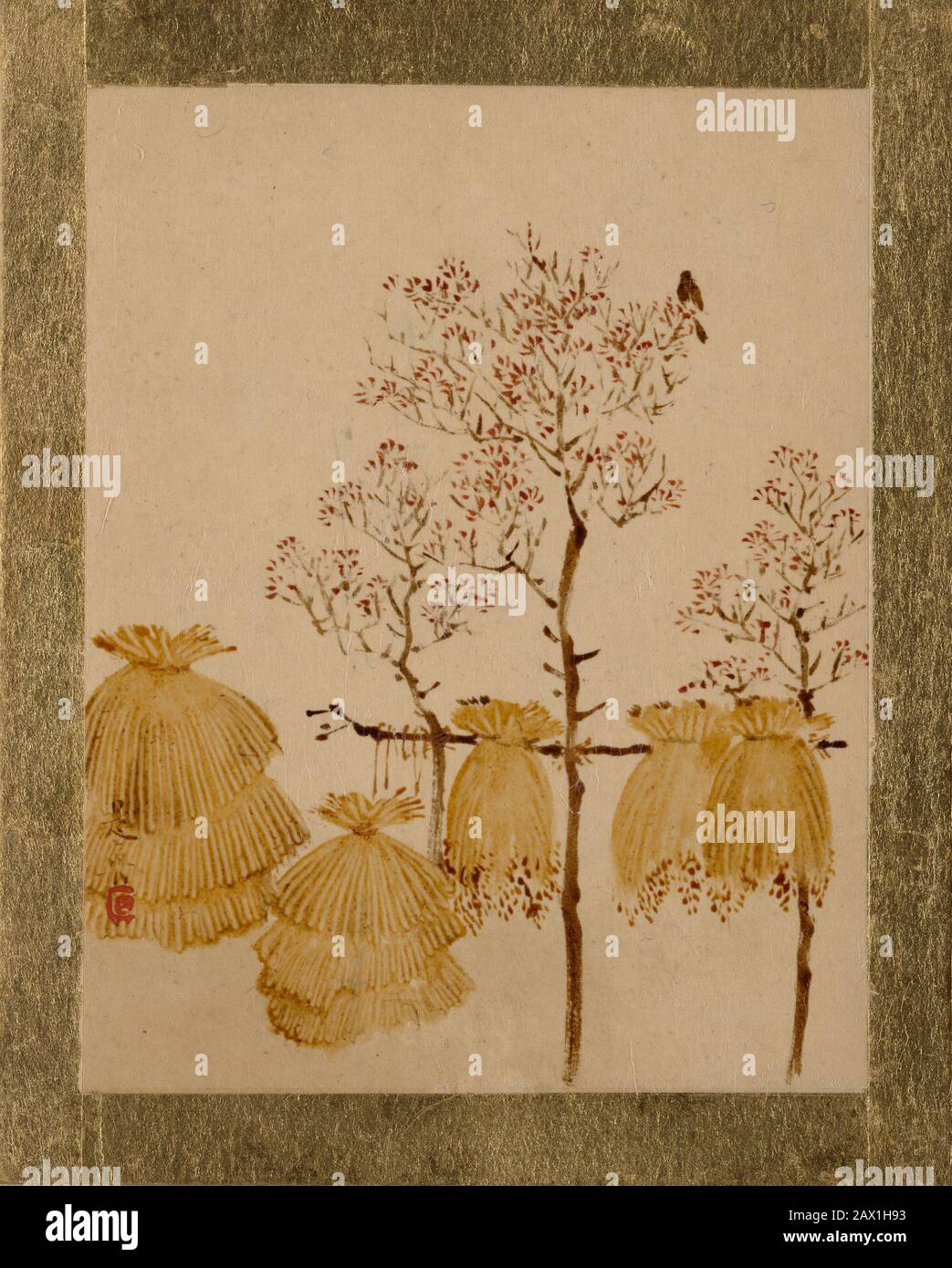 Rice Stacks and Trees, . Edo period Stock Photo - Alamy