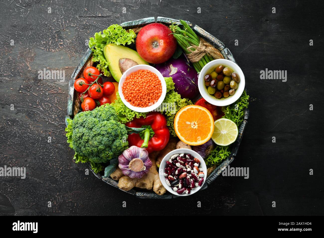 Big set organic food. Fresh vegetables and fruits. Top view. Free space ...