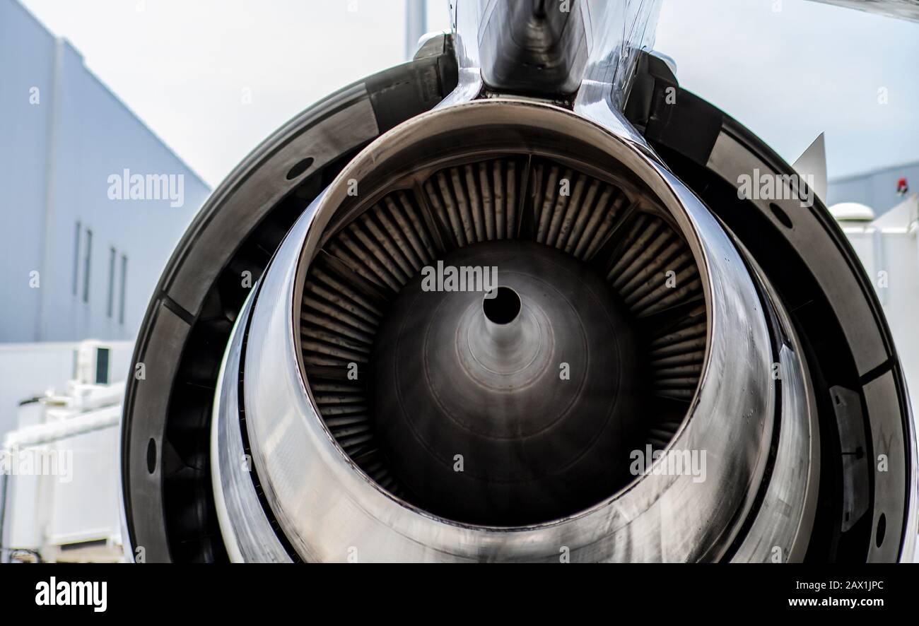 Turbine jet engine on an airliner view from the rear Stock Photo - Alamy