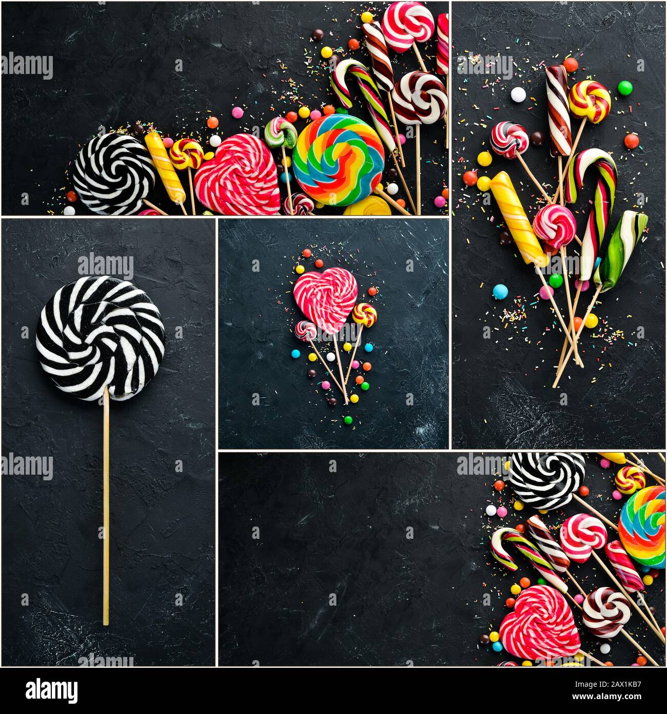 Photo collage candies and lollipops. On a black background Stock Photo ...