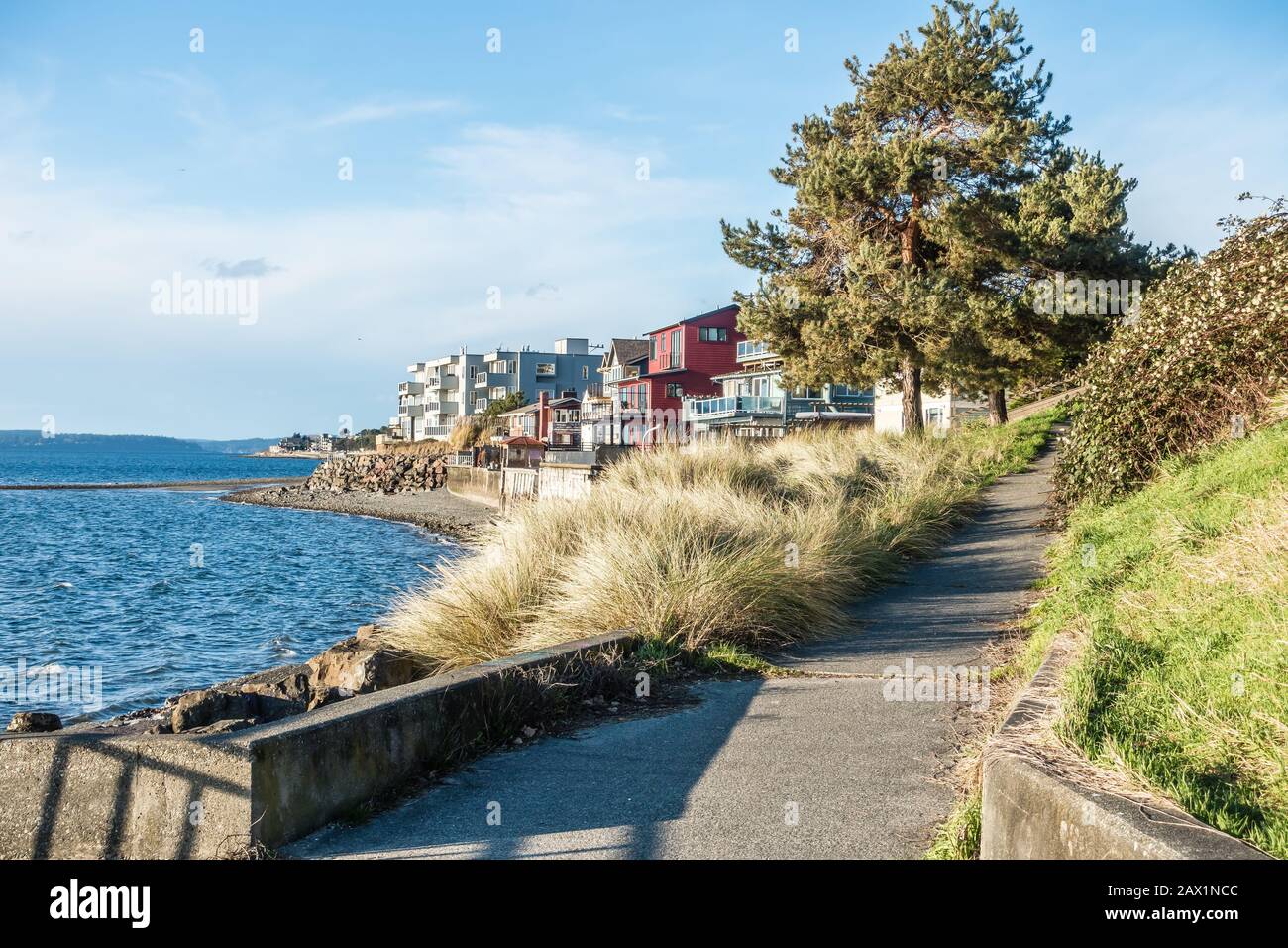 Bushes line a waterfront walkway in West Seattle, Washington Stock ...